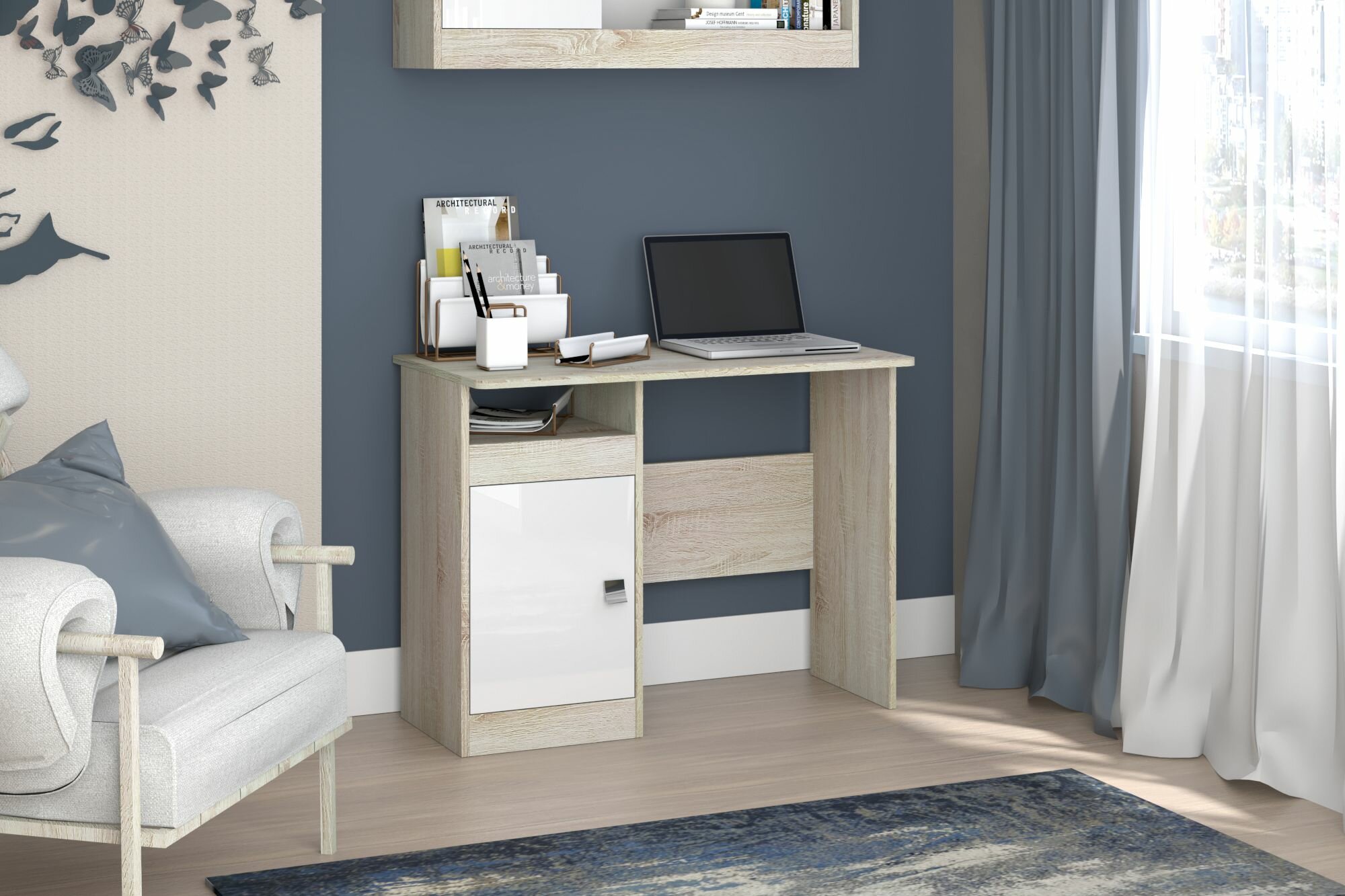 Стол письменный "Галактика" Цвет Дуб сонома/Белый глянец, ширина 97 см, ученический, с полками