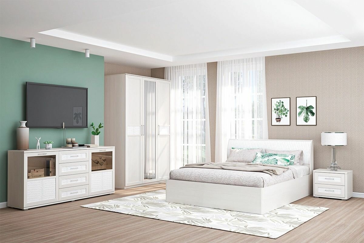 Спальня Кэт 4 набор 5, ширина кровати 160 см, комплект мебели в спальню, шкаф, комод