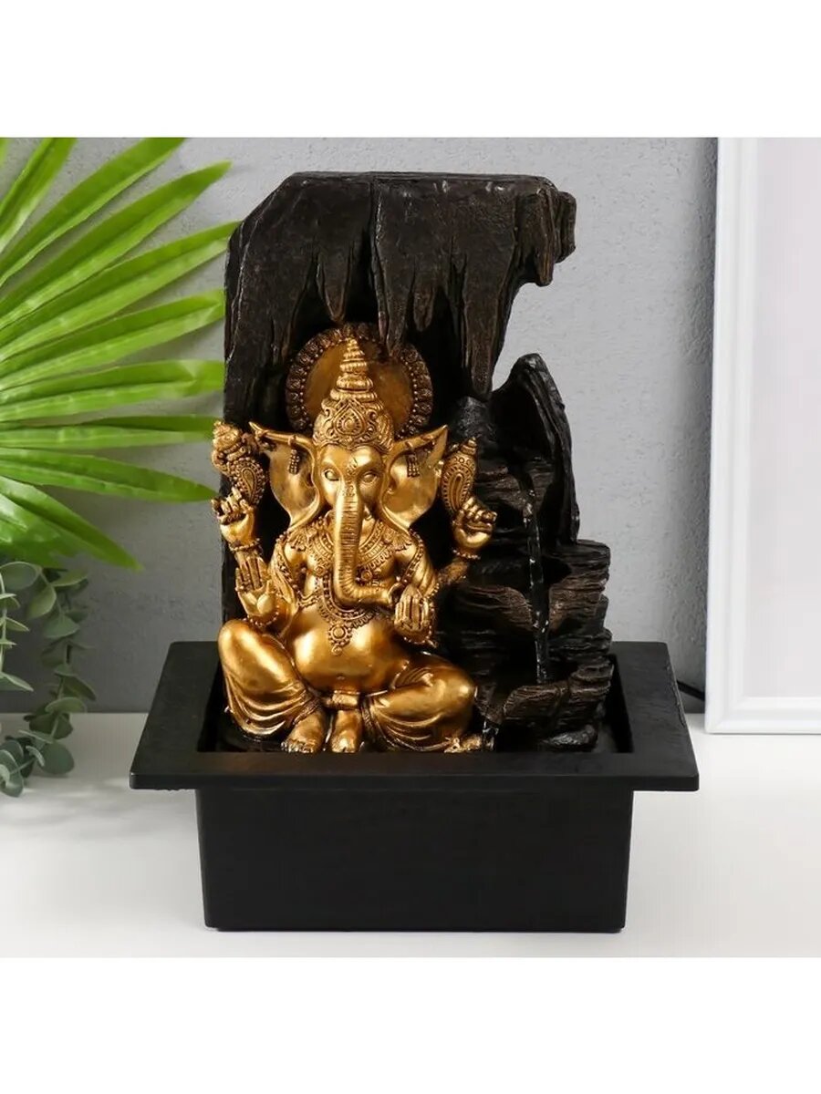 Фонтан настольный от сети, подсветка "Золотой Ганеша в гроте