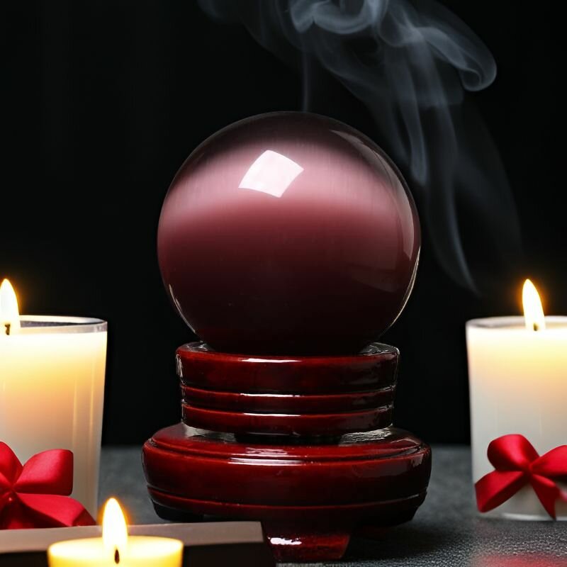 Фиолетовый кошачий глаз Магический хрустальный шар, гадание, ритуал, Диаметр 6 см, С основанием