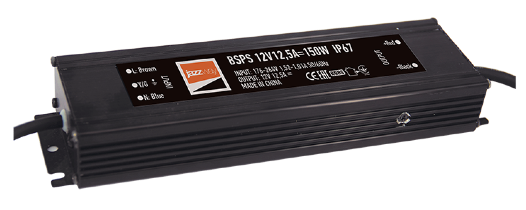 Драйвер Jazzway / Джазвэй BSPS для светодиодной ленты в металлическом корпусе, черный, 230×65×32мм, 150Вт, 12V 12.5А, IP67 / блок питания