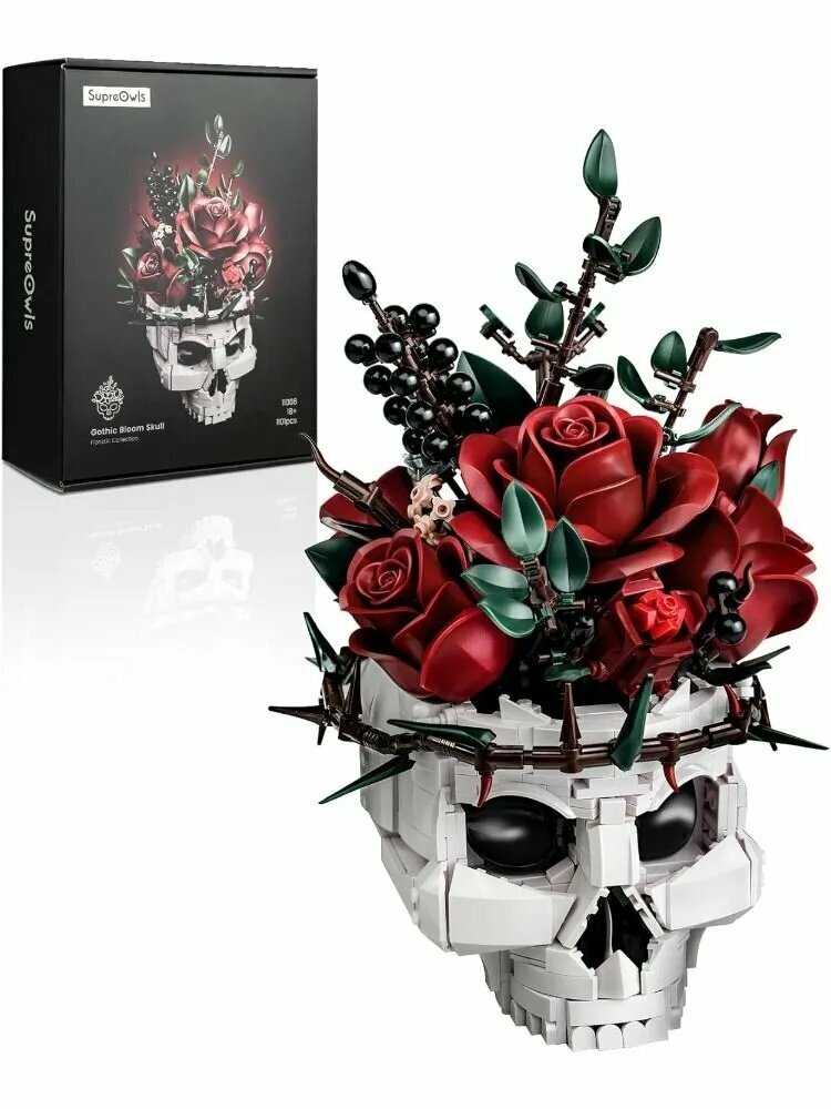 Конструктор "Череп с Розами": Готический Цветочный Набор для Взрослых (Совместим с Основными Системами Кирпичей), Декор для Хэллоуина-hanbingxue