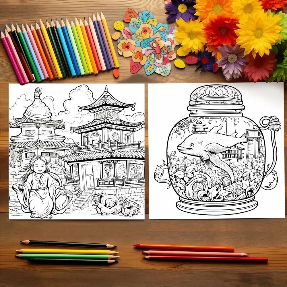 Книжка-раскраска, тема "Бутылка желаний", интерактивная книжка-раскраска для детей и взрослых, 20 см*20 см