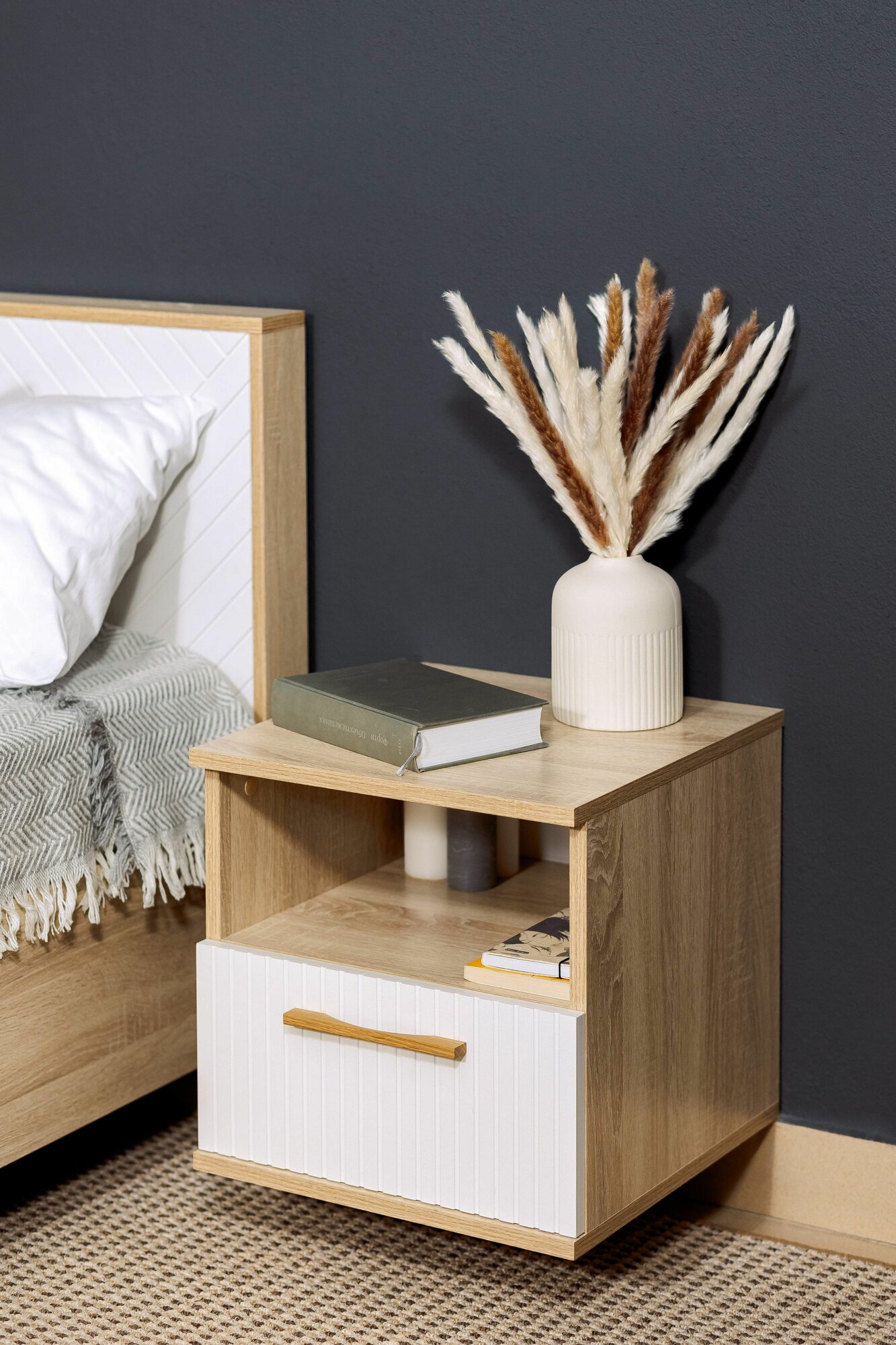 Тумба прикроватная Копенгаген с ящиком подвесная ЛДСП Дуб сонома / МДФ Белый матовый 40х40x45