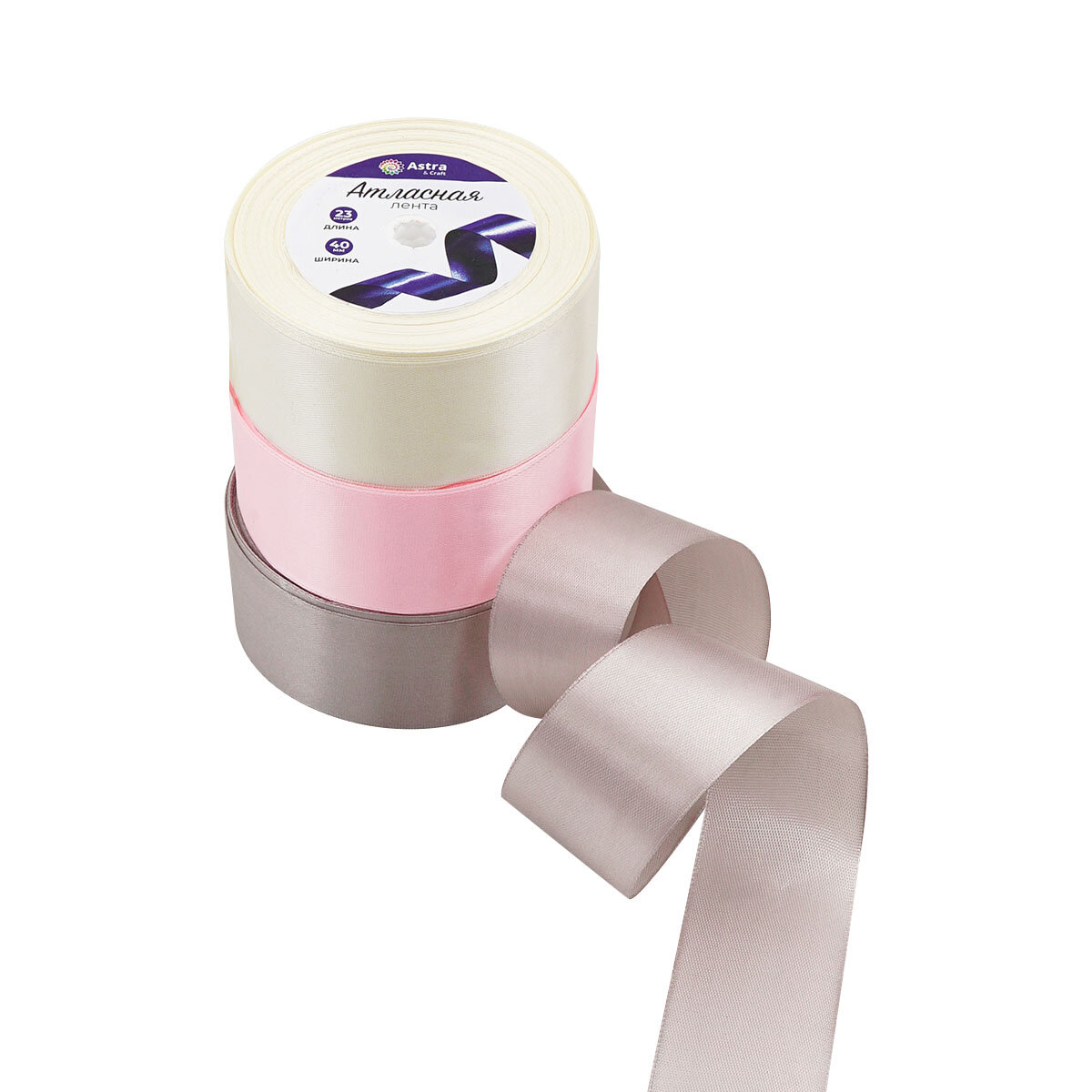 Лента атласная декоративная, ассорти 3 цвета, 4 см * 23 м, весенний микс