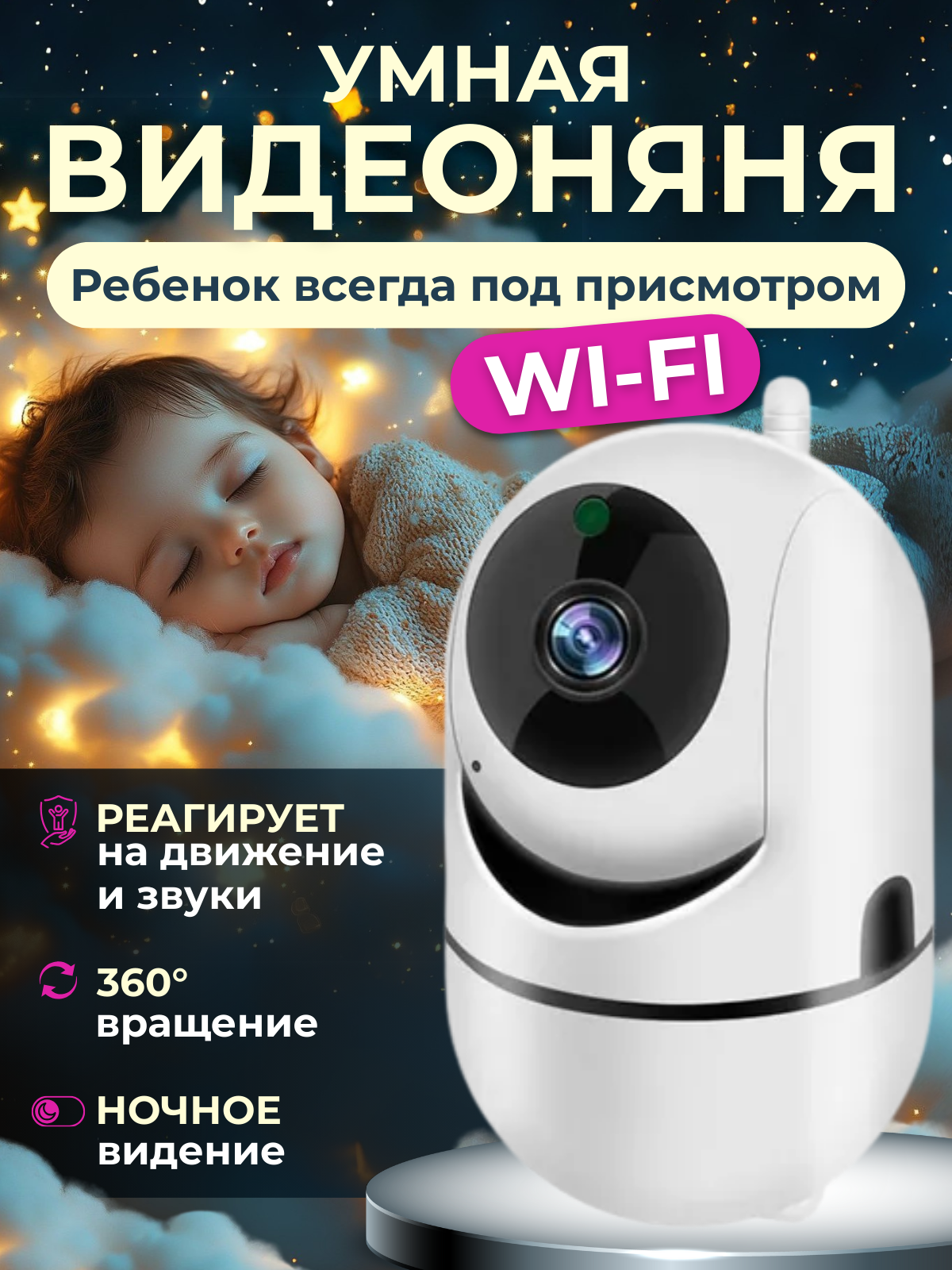 Камера видеонаблюдения и видеоняня Full HD, с WI-FI, для новорожденных
