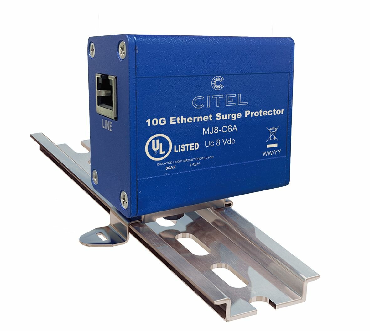 УЗИП CITEL MJ8-C6A (581540), для Ethernet-сети (коннектор RJ45), поддержка 10 Гбит/с, алюминиевый помехозащищающий корпус