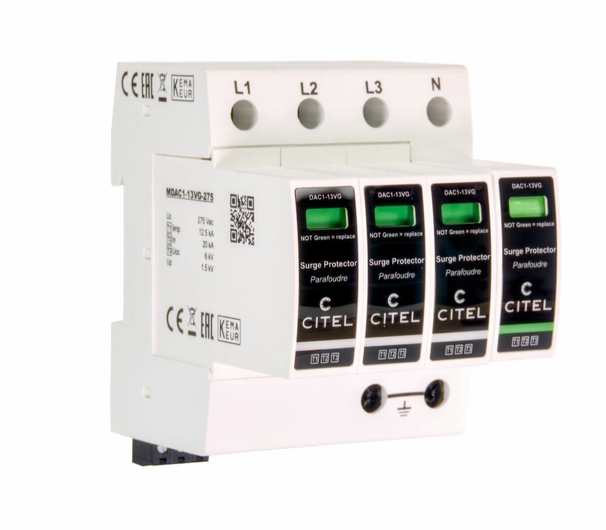 УЗИП CITEL DAC1-13VGS-31-275 (821730244), тип 1+2+3, для защиты трехфазной сети переменного тока TT или TNS, импульс Imax 50кА на полюс, технология VG, без тока утечки