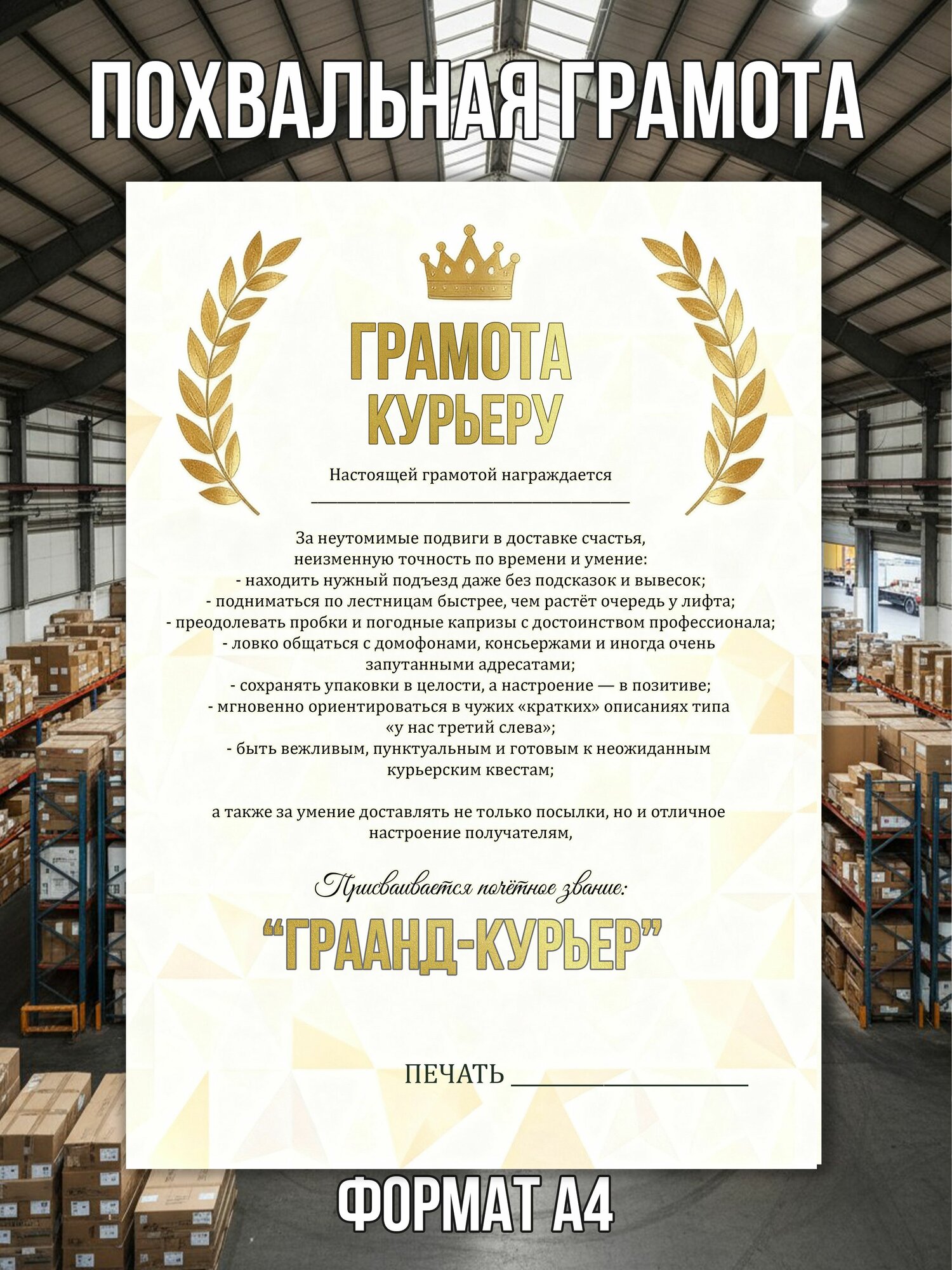 Похвальная грамота курьеру А4