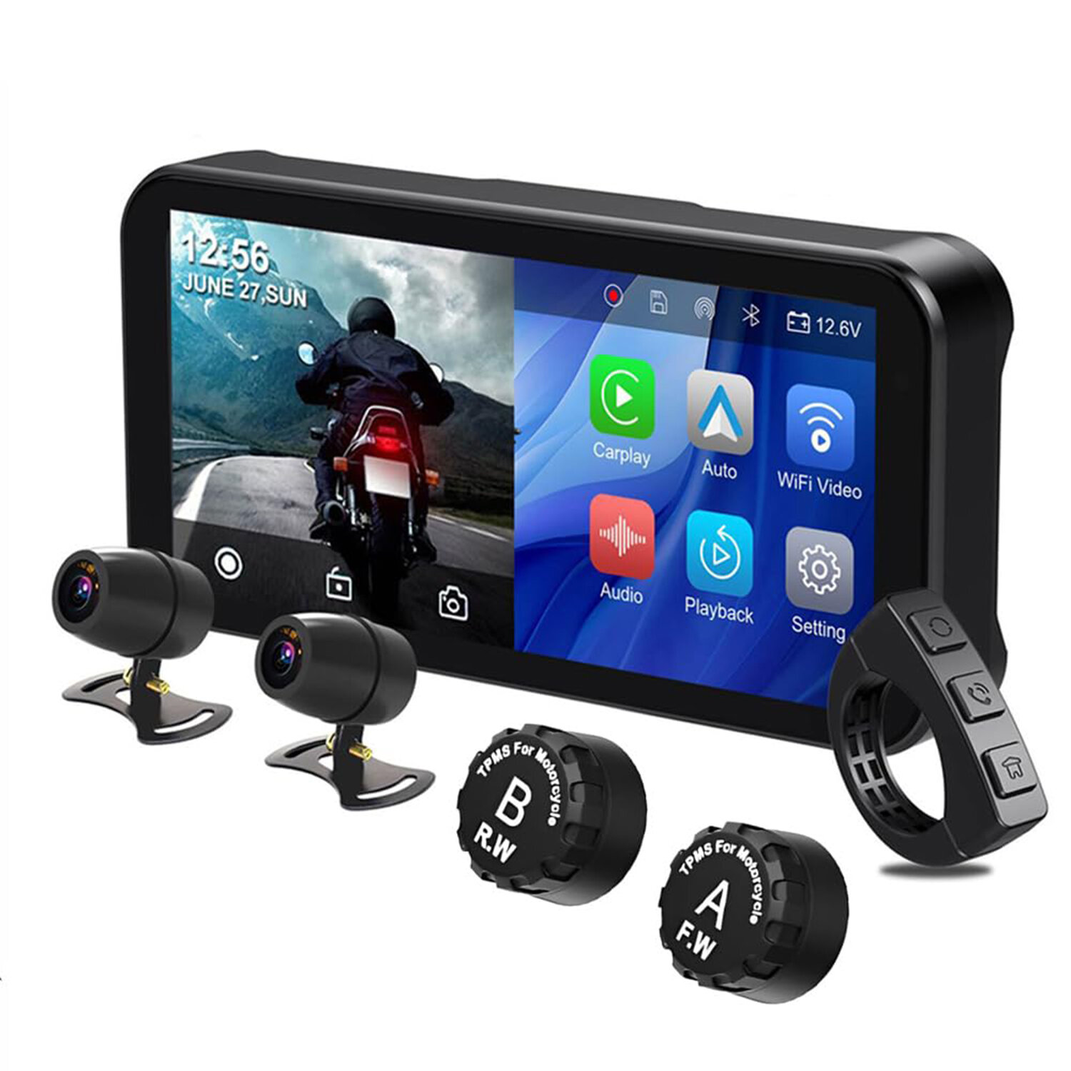 Записьватель камер для мотоцикла с сенсорным экраном 6.25 дюйма, двойная камера передняя и задняя 1080P (с мониторингом давления в шинах), поддерживающий CarPlay/Android Auto, WiFi мобильное приложение, водонепроницаемый циклический запись
