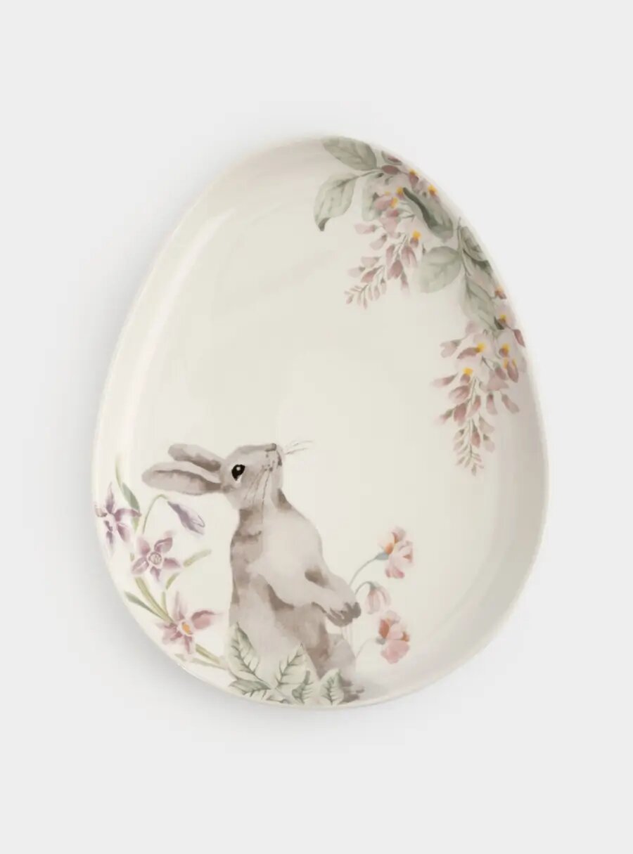 Блюдо, 25х20 см, керамика, овальное, белое, Кролик с цветами, Flower Rabbit
