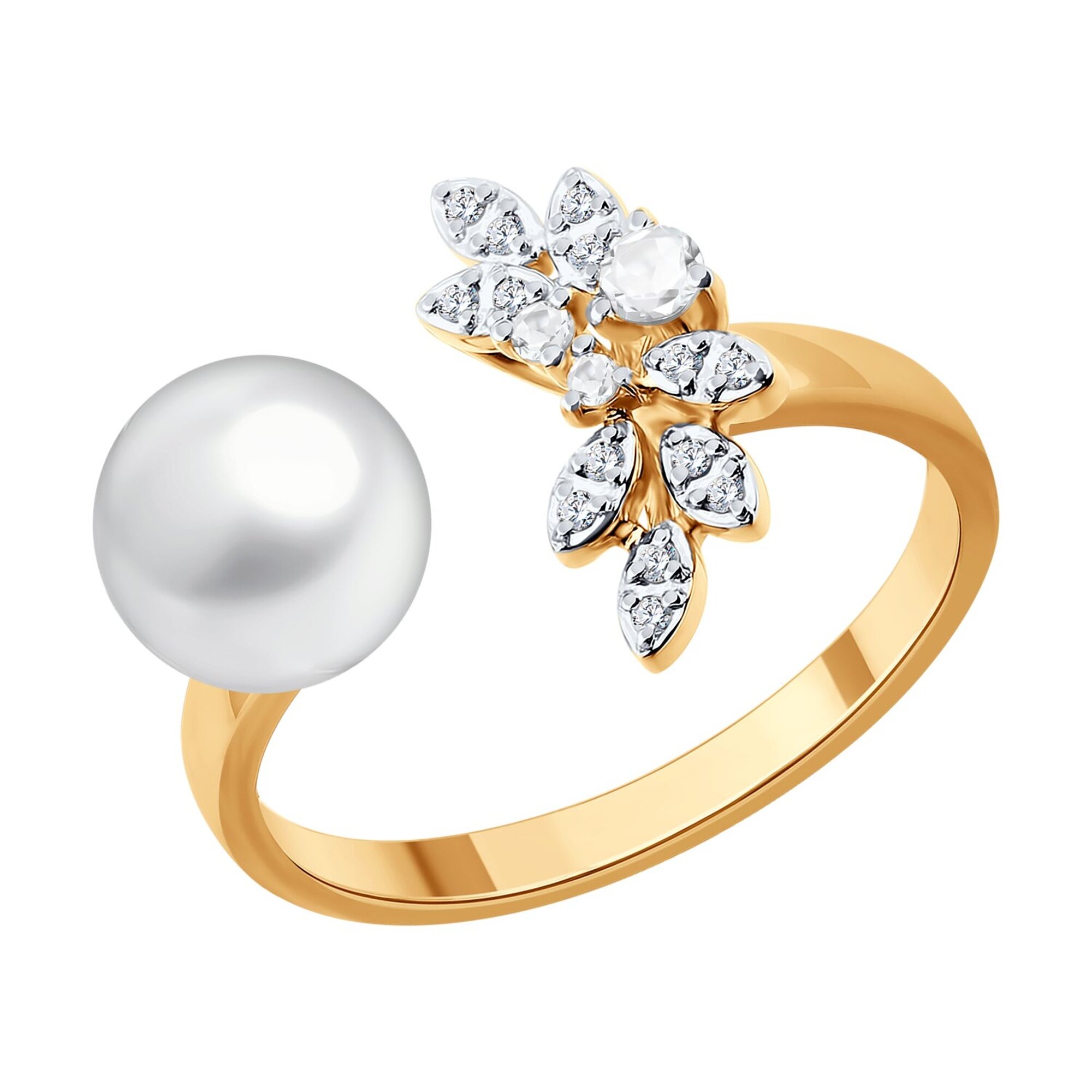 Кольцо Diamant online, красное золото, 585 проба, горный хрусталь, бриллиант, жемчуг, топаз