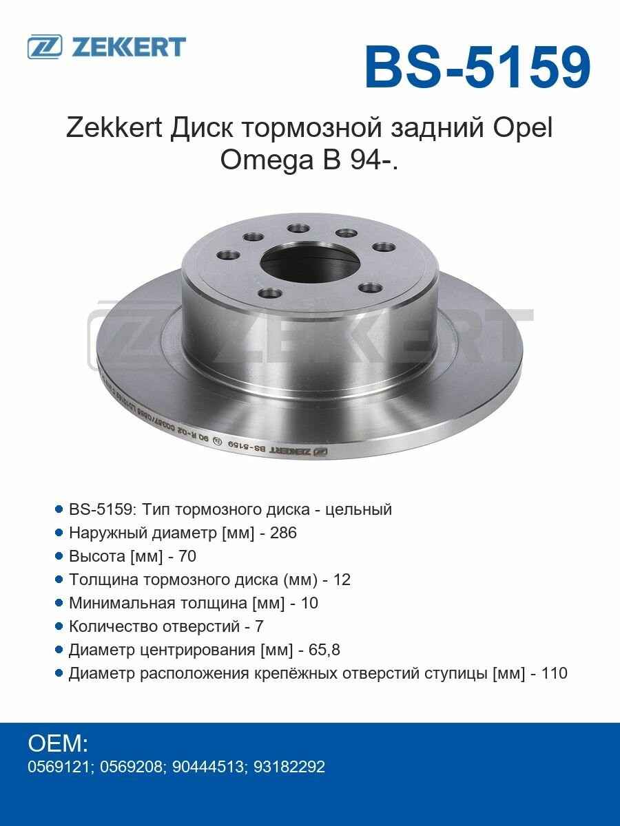 Zekkert Диск тормозной задний Opel Omega B 94-.