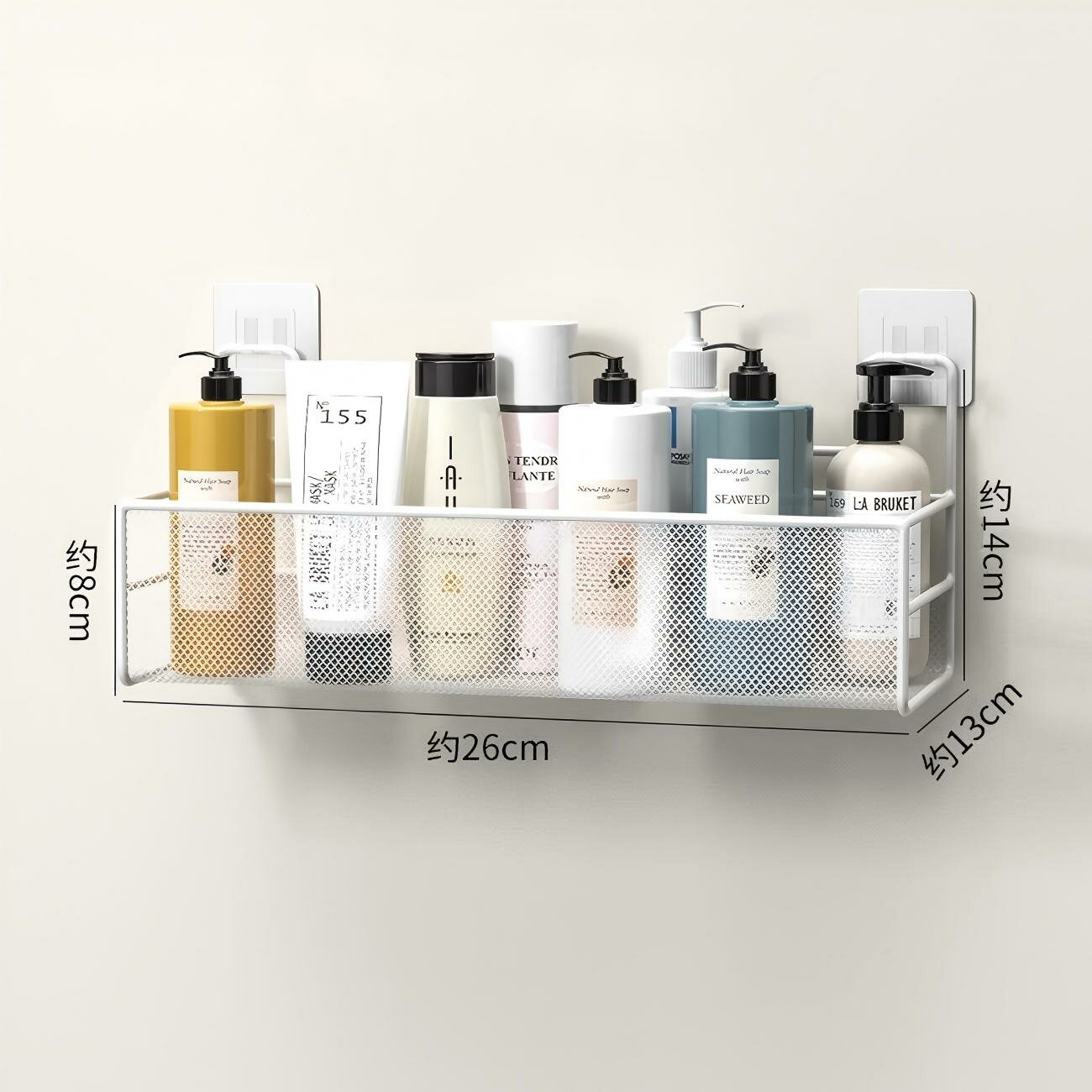 Полка для ванной комнаты настенная на присосках, полочка на липучках навесная, 26х13х8 см, белая