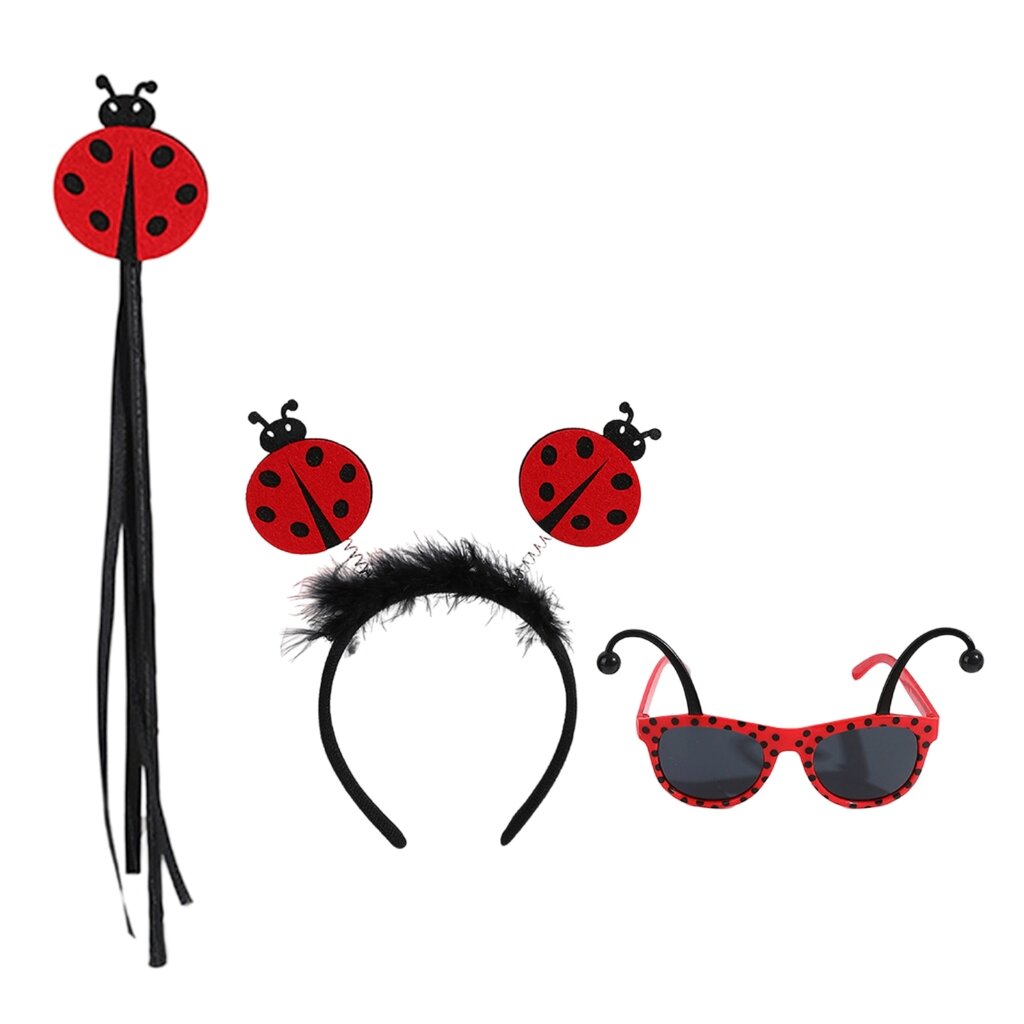 Аксессуары для персонажей в виде Божьей коровки - Красная повязка на голову в виде Божьей коровки и Очки с перьями, волшебная палочка