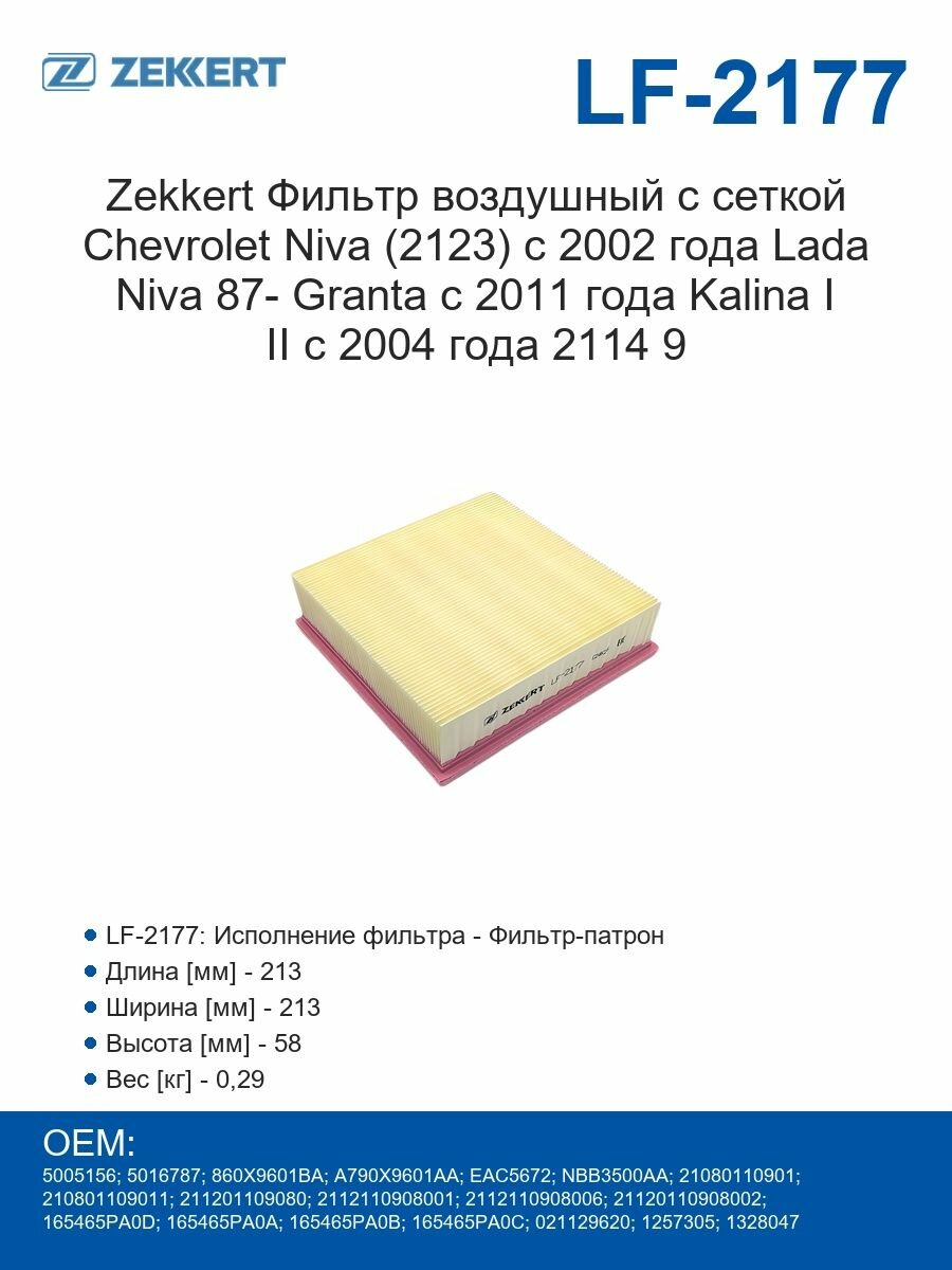 Zekkert Фильтр воздушный с сеткой Chevrolet Niva (2123) с 2002 года Lada Niva 87- Granta с 2011 года Kalina I II с 2004 года 2114 9