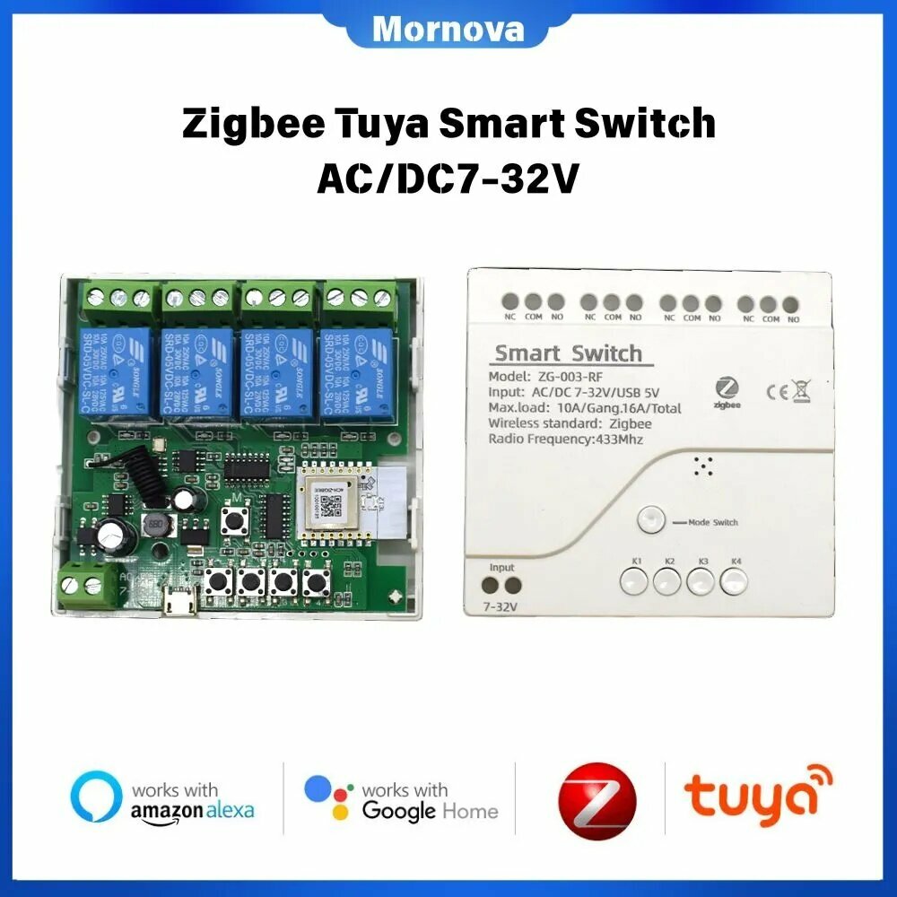 Zigbee 3.0 Реле 4-канальное Tuya, WiFi, 7-32B , RF 433.92 МГц, совместимость с Amazon Alexa и Google Home