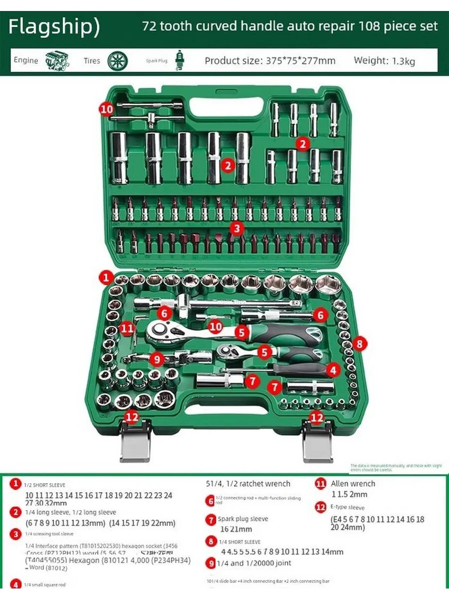 Набор инструментов 108 предметов, изогнутая рукоятка,72 зуба