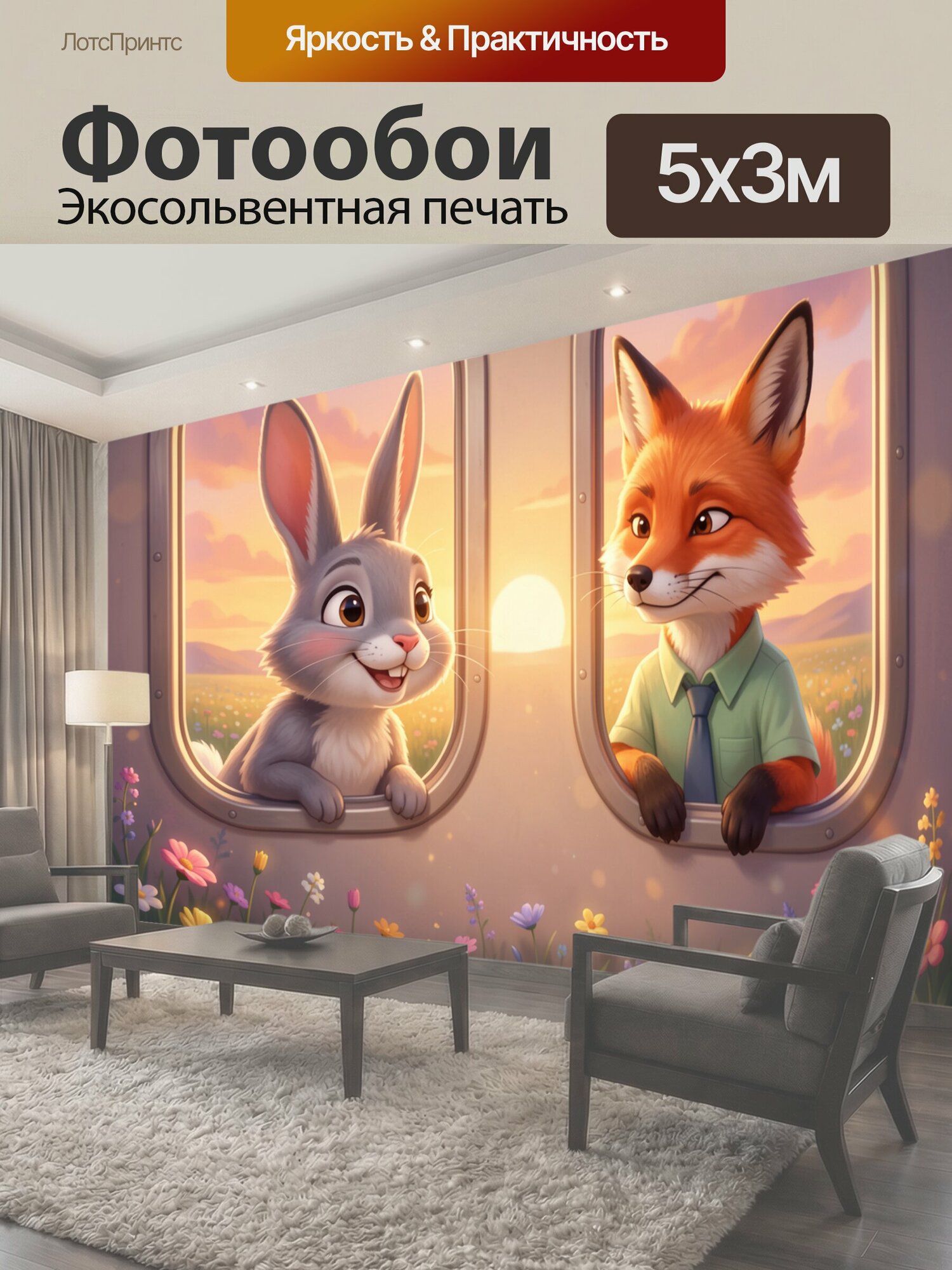 Фотообои "Лиса и кролик у окна. Мультяшные звери в окнах на фоне закатного неба и цветущего луга, тёплые пастельные оттенки, мягкое свечение." 500x300 см. экосольвентная печать
