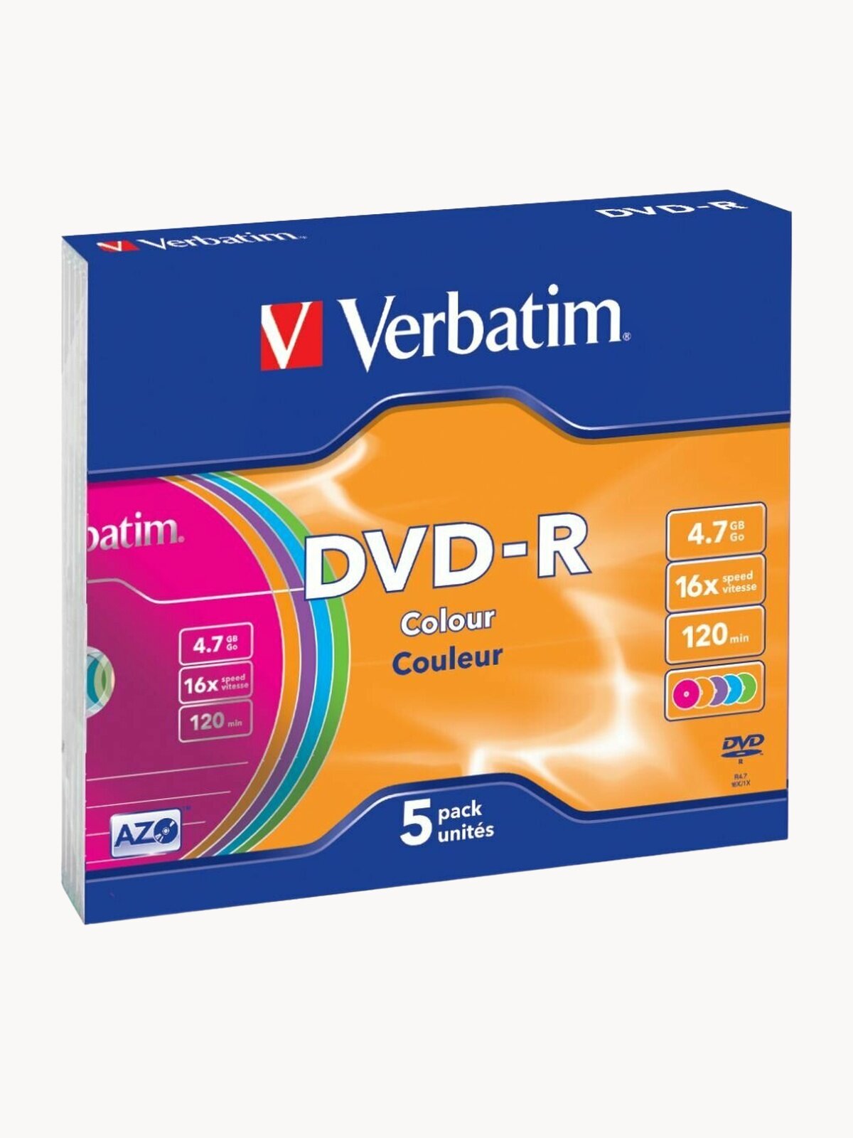 Оптические диски Verbatim DVD-R 4.7 ГБ 16X AZO цветной 5 шт. в тонких коробках