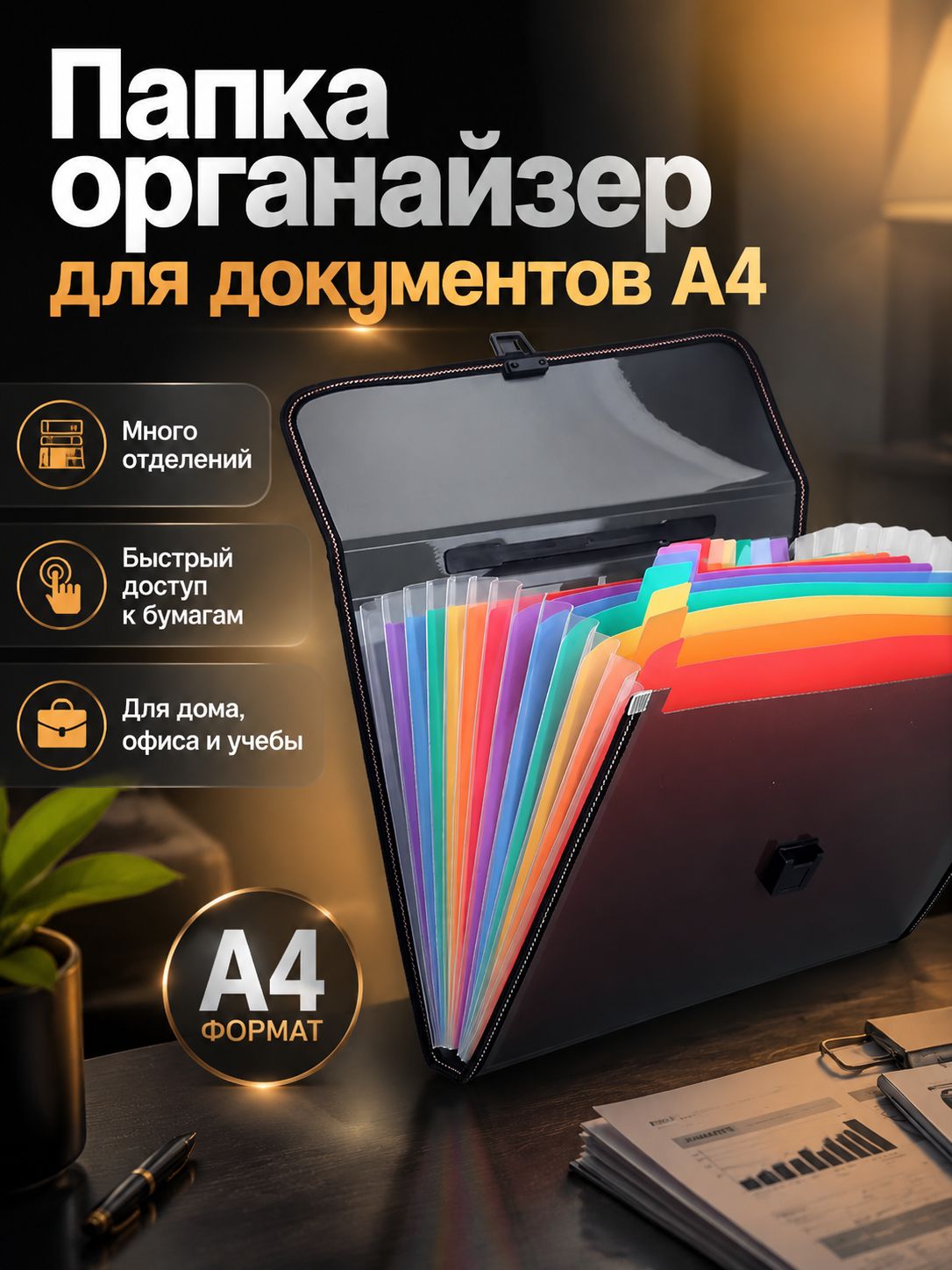 Папка органайзер для документов А4, гармошка с отделениями для бумаг и файлов, черная