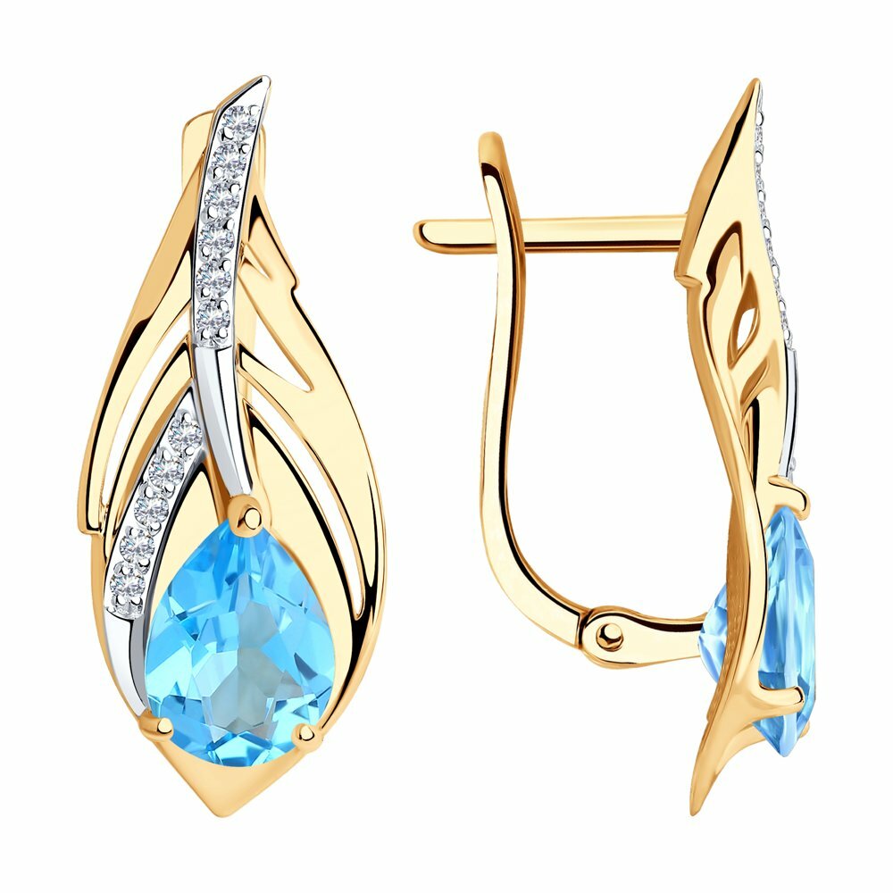 Серьги, красное золото, 585 проба, топаз, фианит
