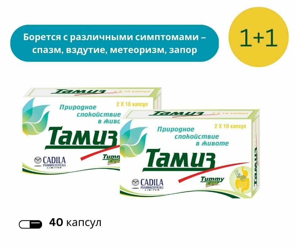 2 шт тамиз, 20 Капсул. Тамиз капсулы от вздутия живота, пучения, ощущение тяжести в животе, против урчания и отрыжки, мягкое слабительное. БАД для ЖКТ