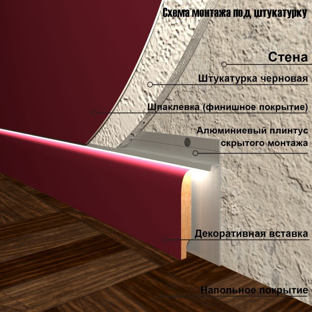 Плинтус Скрытого Монтажа Evrowood PSM 010 LED Д2000хВ80хШ12 мм под Подсветку / Евровуд.