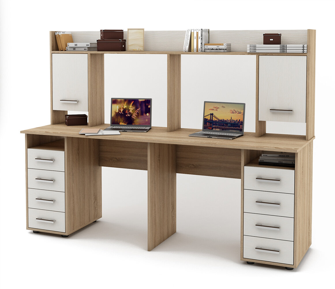Стол письменный, стол компьютерный для двоих Остин (Ливерпуль) 20 дуб сонома/белое дерево