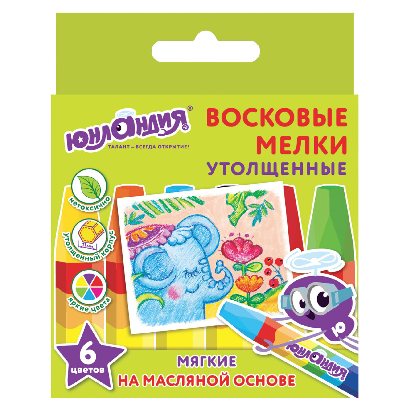 Восковые мелки утолщенные юнландия "юнландик И индийский слон", набор 6 цветов, масляная основа, 227296
