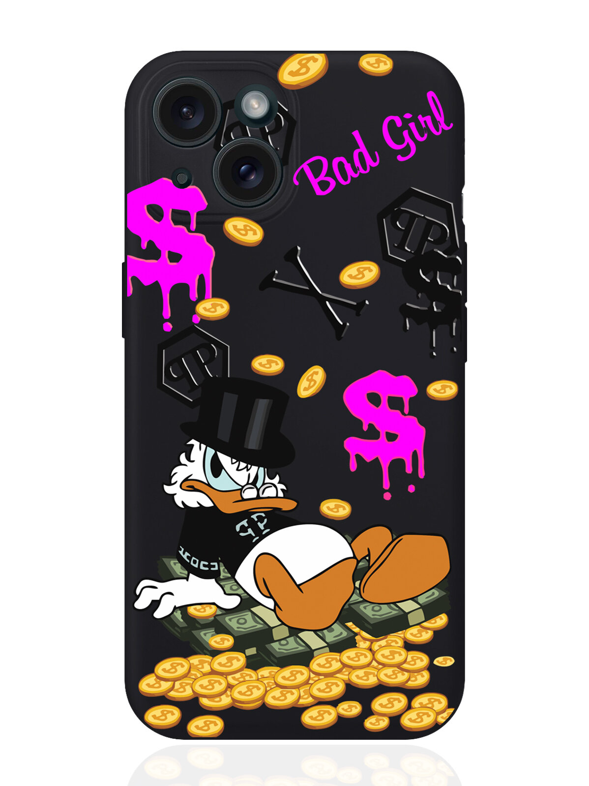 Чехол для смартфона iPhone 15 черный силиконовый Богатая Утка Bad Girl