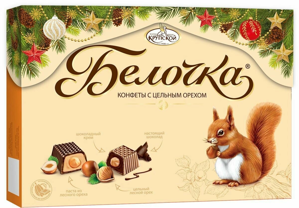 Конфеты Фабрика им. Крупской "Белочка", ассорти, в коробке, 160г