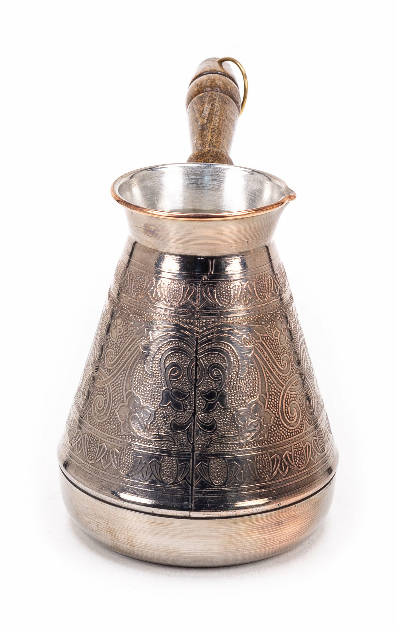 Турка для кофе Delta / Дельта Орнамент с деревянной ручкой, медь серебристый 0.6л / посуда для газовых и электрических плит