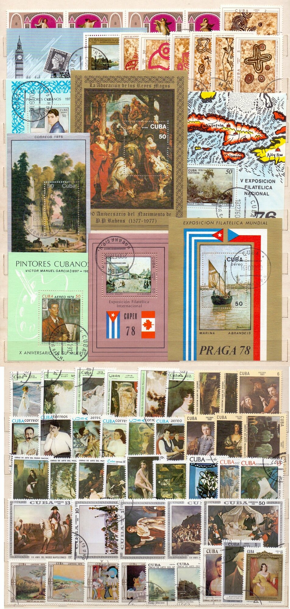 Набор почтовых марок и блоков Кубы. 1970-1979 год. Искусство. Полные и неполные серии. 52 марки + 8 блоков.