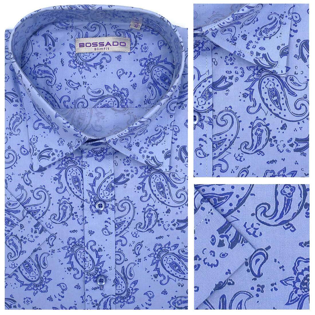 Рубашка Рубашка мужская с коротким рукавом, приталенная, светлая сорочка, на пуговицах, рубаха на любой сезон, стильный фасон одежды, голубая, с принтом, без карманов, летняя