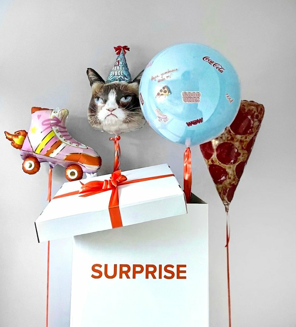 Коробка – сюрприз с воздушными шарами «Грустный кот»