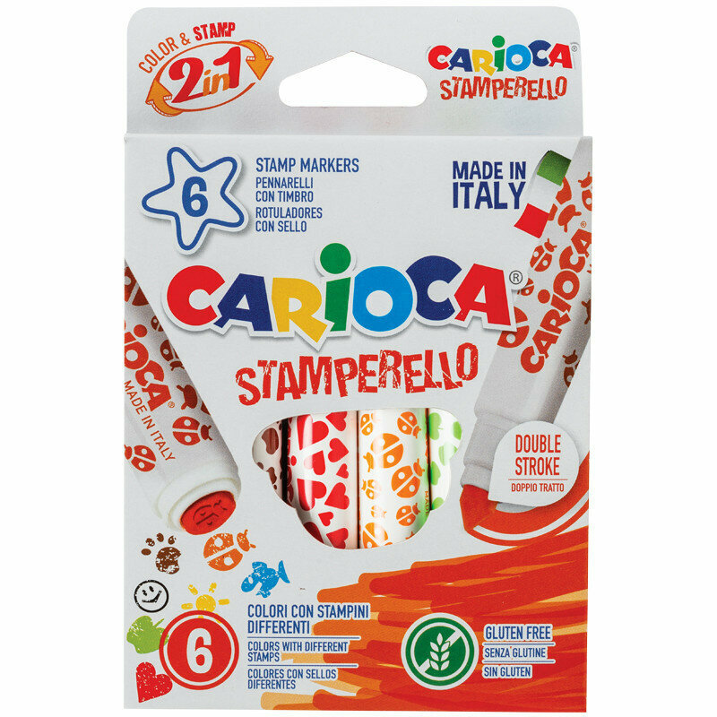 Фломастеры-штампы двусторонние Carioca "Stamp Markers", 06цв, смываемые, картон, европодвес, 229558