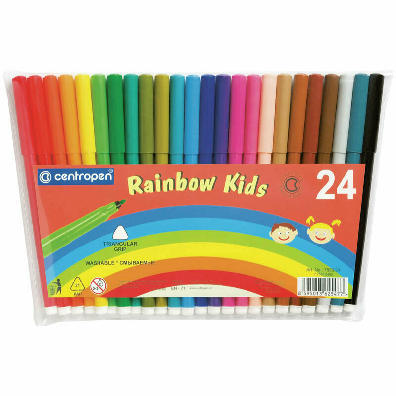 Фломастеры Centropen "Rainbow Kids", 24цв, трехгранные, смываемые, ПВХ, 216150