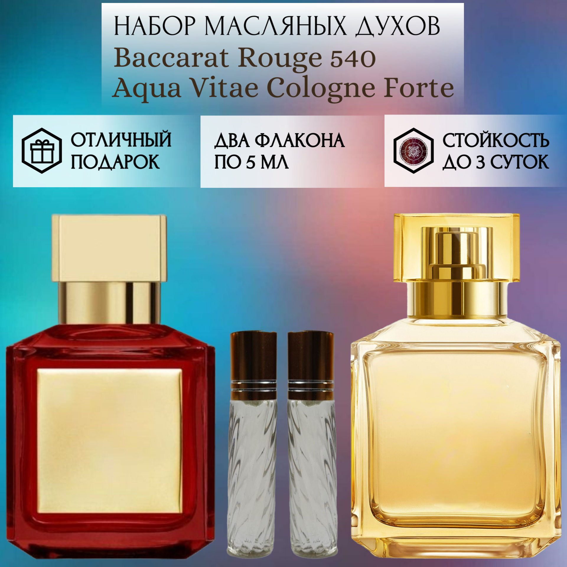 Духи масляные Baccarat Rouge 540; Aqua Vitae Cologne Forte; Timeless Perfume; Баккара 540; Аква Вита Колонь Форте роликовый флакон 5 мл; 2 шт