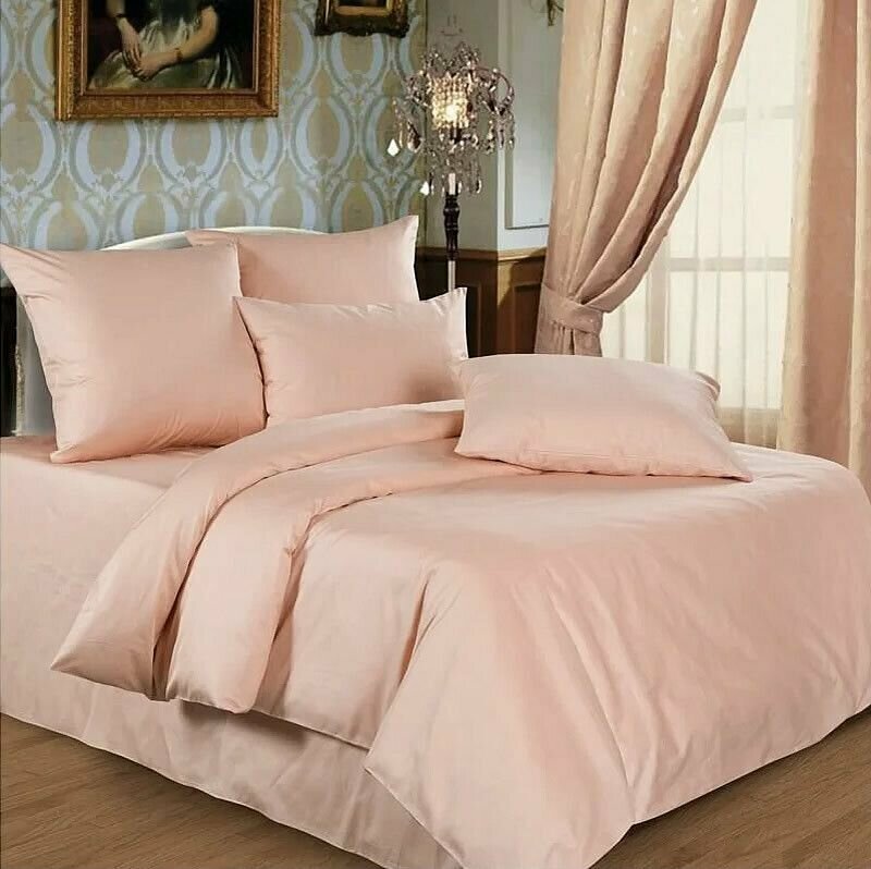 Постельное бельё сатин Евро - М - 135 - Пудра глянцевая с наволочками 50х70