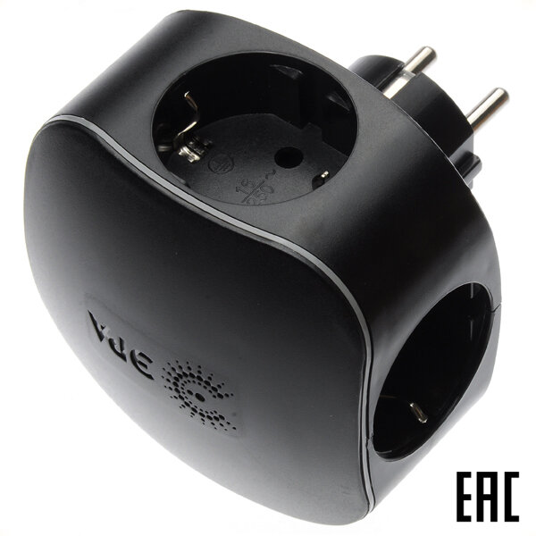 Тройник SP-3e-USB-BLACK на 3 розетки "евро" со шторками 2 USB 5B 2000mA черный ЭРА