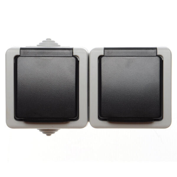 Розетка LK Aqua 80008 двойная "евр" со шторками о/п IP54 серая с черными крышками