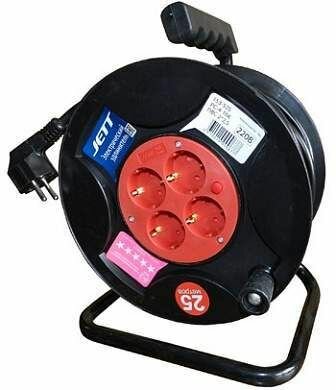 Силовой удлинитель на пласт. катуш. ПВС 2х2.5 4 роз. 50 м 6A (макс. ток 10A)