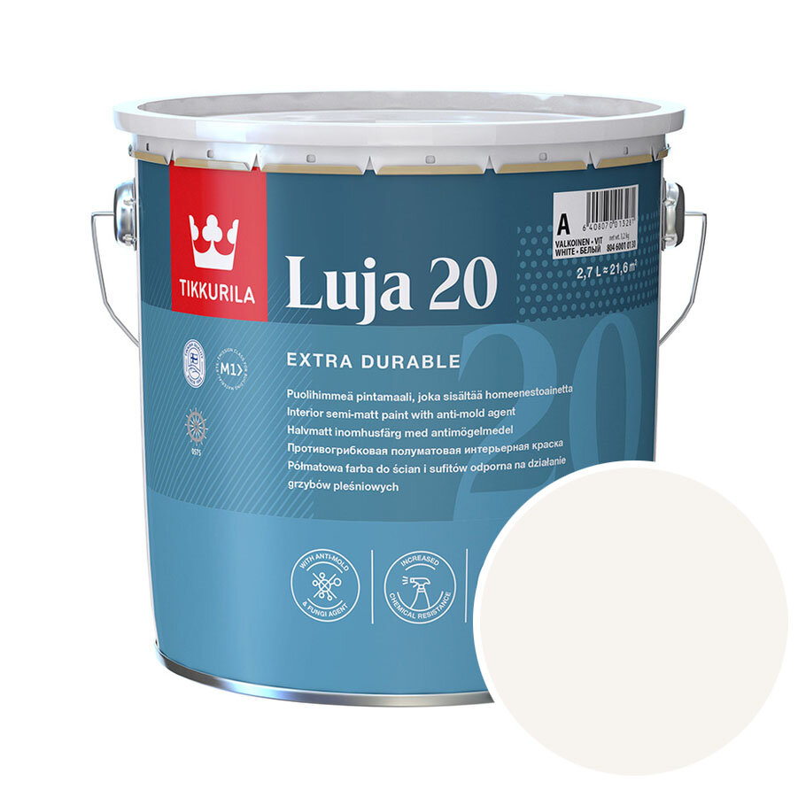 Краска моющаяся Tikkurila Luja Extra полуматовая RAL 9016 (Транспортный белый - Traffic white) 2,7 л