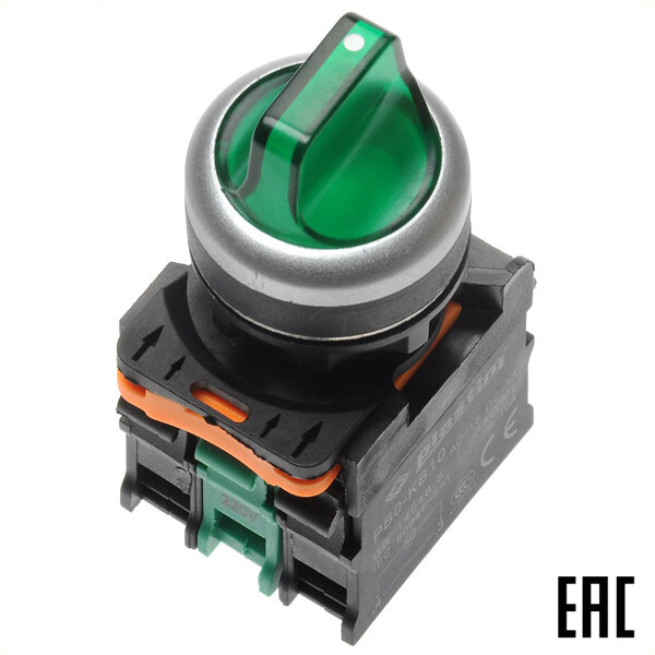 Выключатель поворотный PB0-AK133M5 зеленый 3 положения 2з c фиксацией, с подсветкой 220В AC IP65