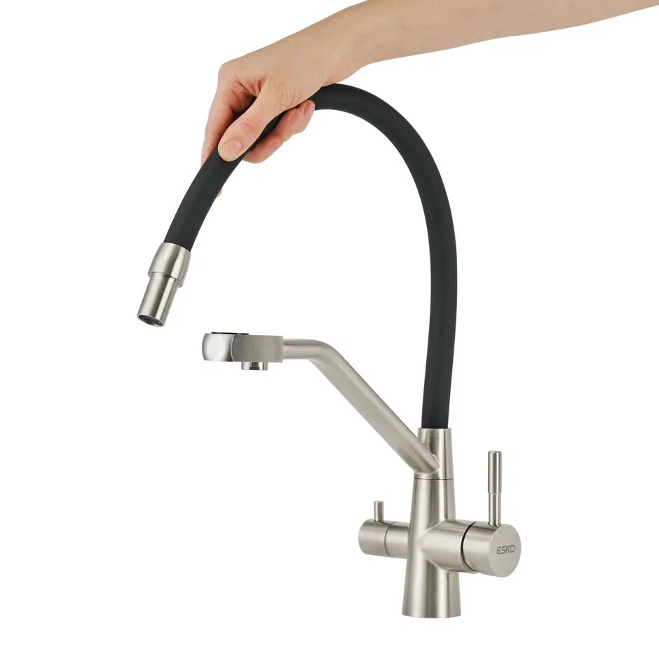 Смеситель для кухни с подключением к фильтру черный с гибким изливом из нержавеющей стали