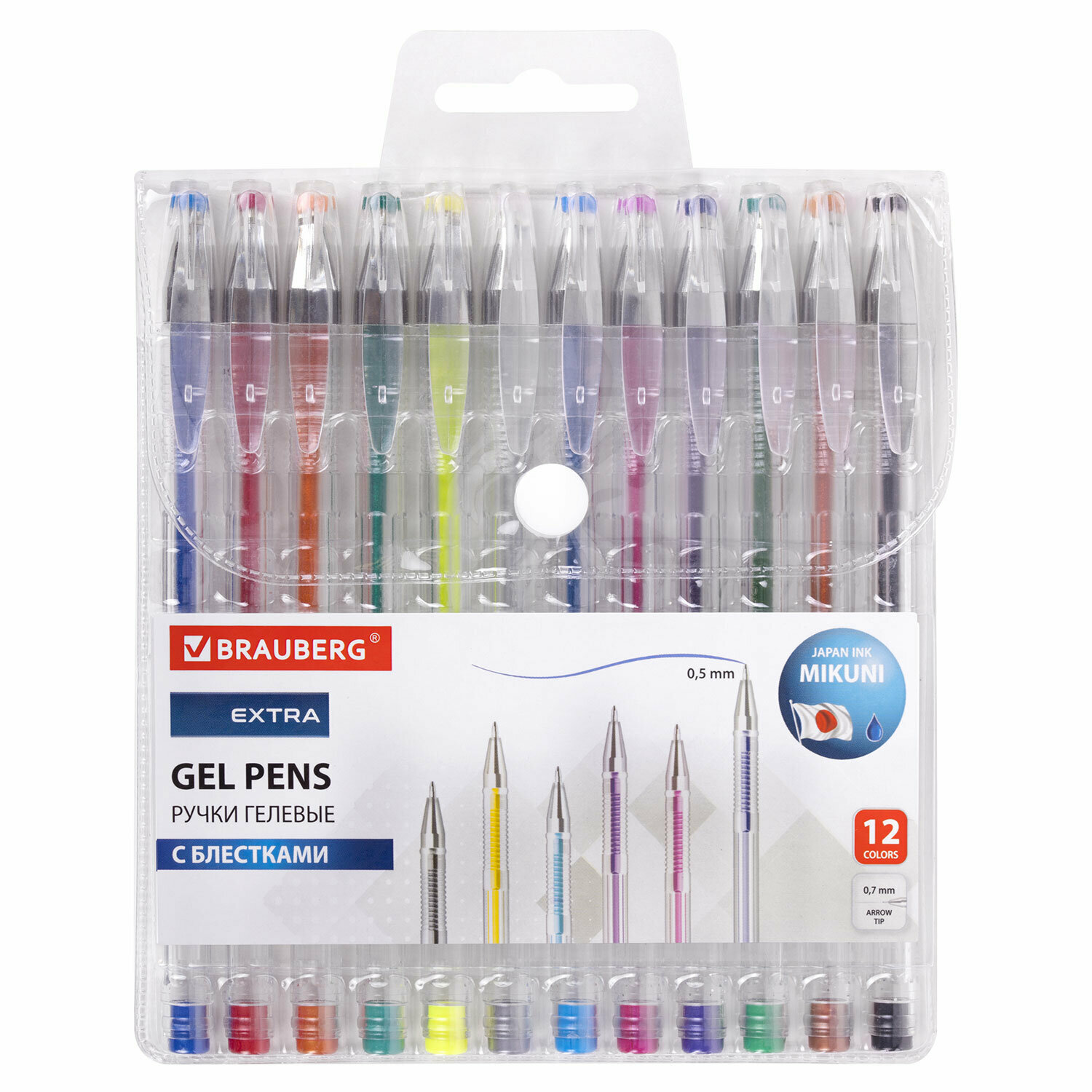 Ручки гелевые блестки BRAUBERG "EXTRA", набор 12 цветов, узел 0,7 мм, линия 0,5 мм, 143909