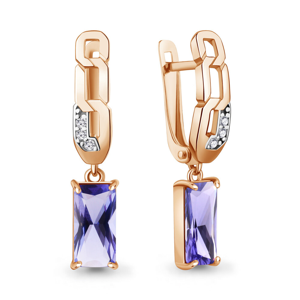 Серьги, серебро, 925 проба, золочение, фианит, танзанит