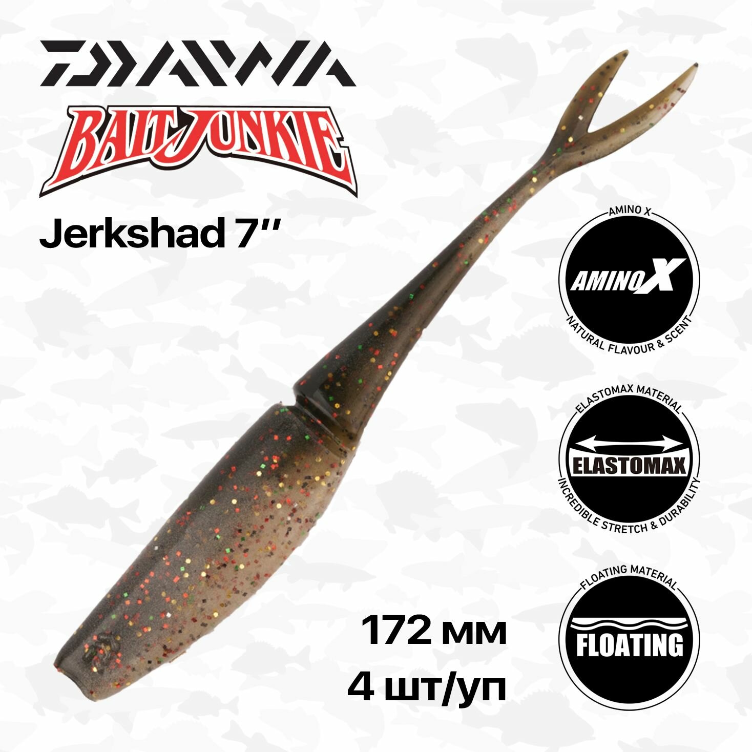 Мягкие приманки Daiwa Bait Junkie Jerkshad 7", 17,2 см, 4 шт/уп, #Red Bait Glow