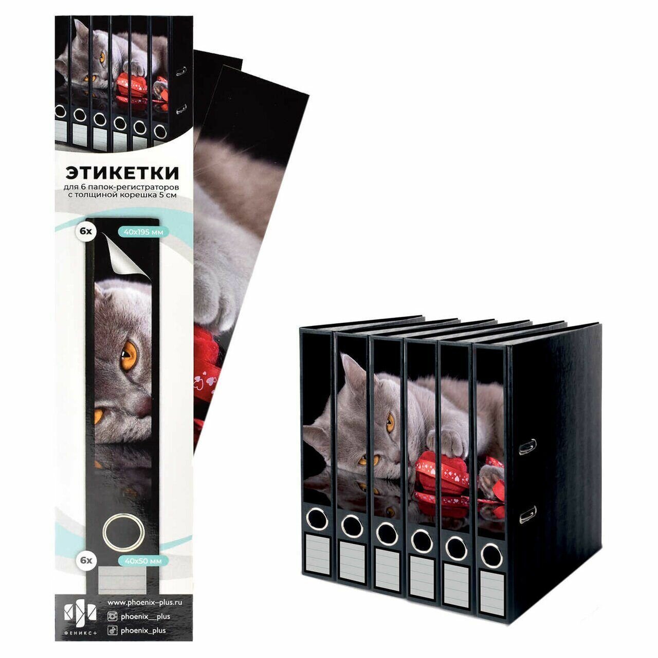 Этикетки для папок-регистраторов с корешком 5 см, самоклеящиеся "Кот" 6 штук